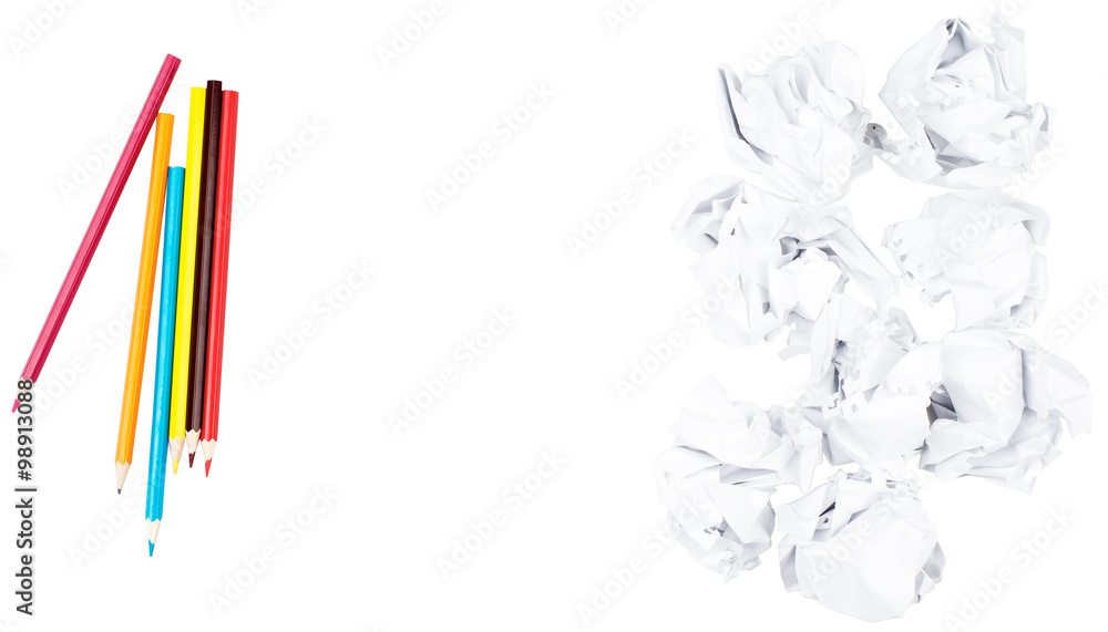 Paper with crayons and crumpled paper balls Stock Photo | Adobe Stock