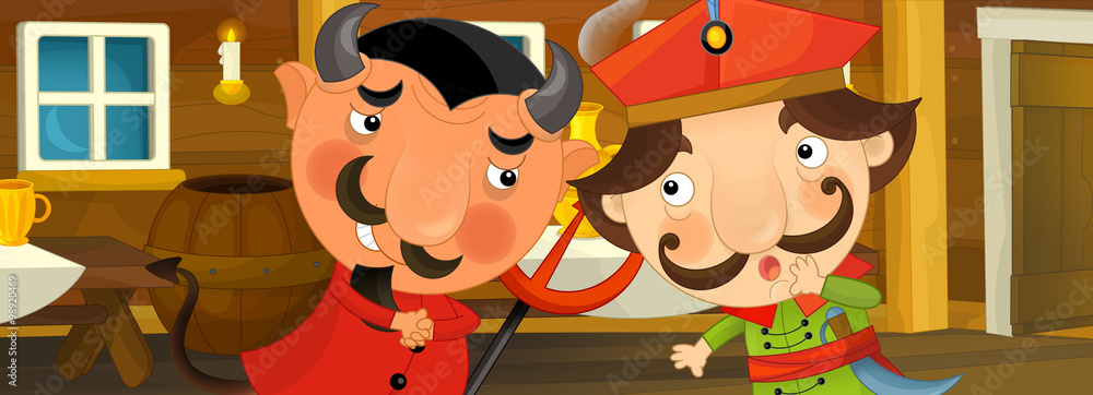 Cartoon scene of a devil thinking holding trident and talking to some ...