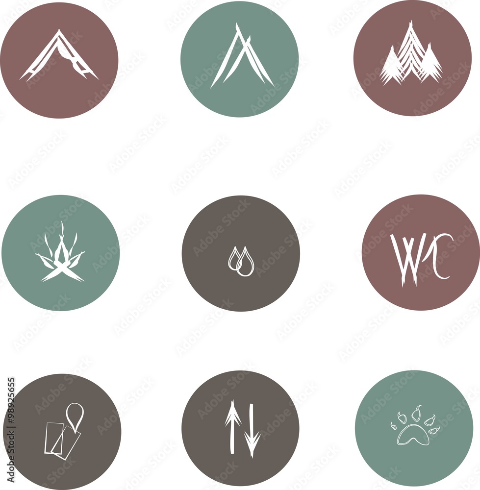 Round flat icons for camping, white lines on gray, green, maroon background. Signs of a camping ...