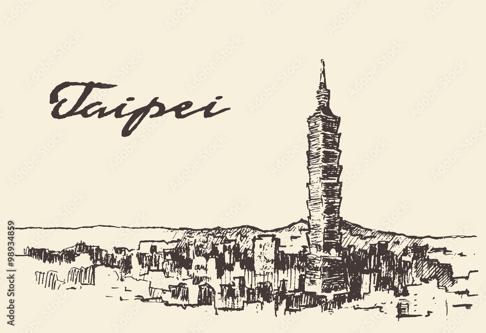 Taipei skyline Taiwan vector hand drawn sketch Stock Vector | Adobe Stock