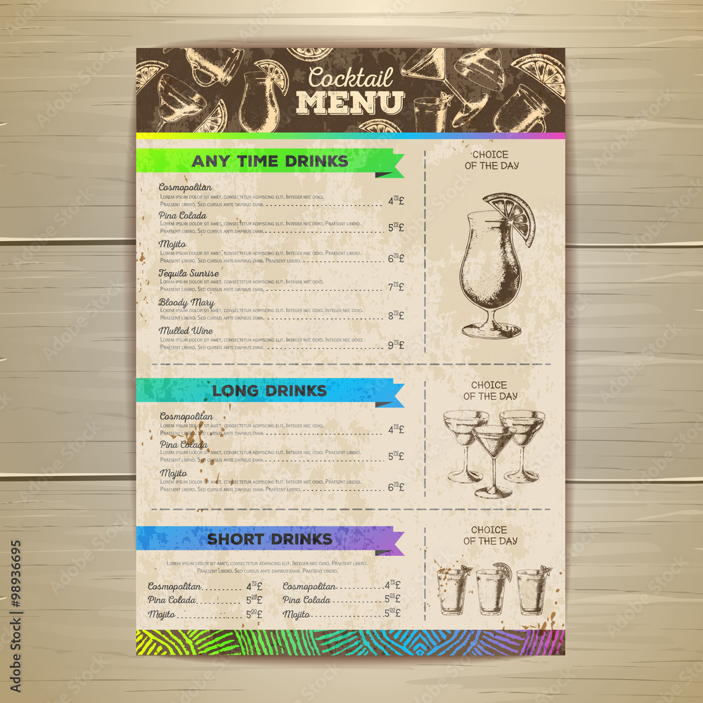 Vintage cocktail menu design. Document template Stock Vector | Adobe Stock
