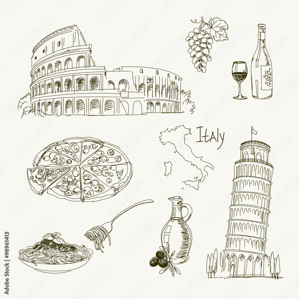 Freehand drawing Italy items on a sheet of exercise book. Leaning Tower ...