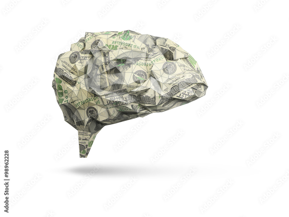 abstract human brain made out of dollar bills isolated on white ...