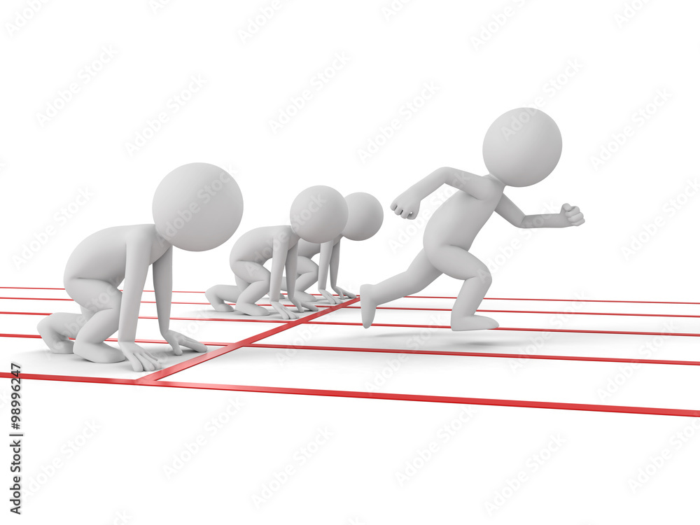 Three 3d small people on a starting line. 3d image. Isolated white ...