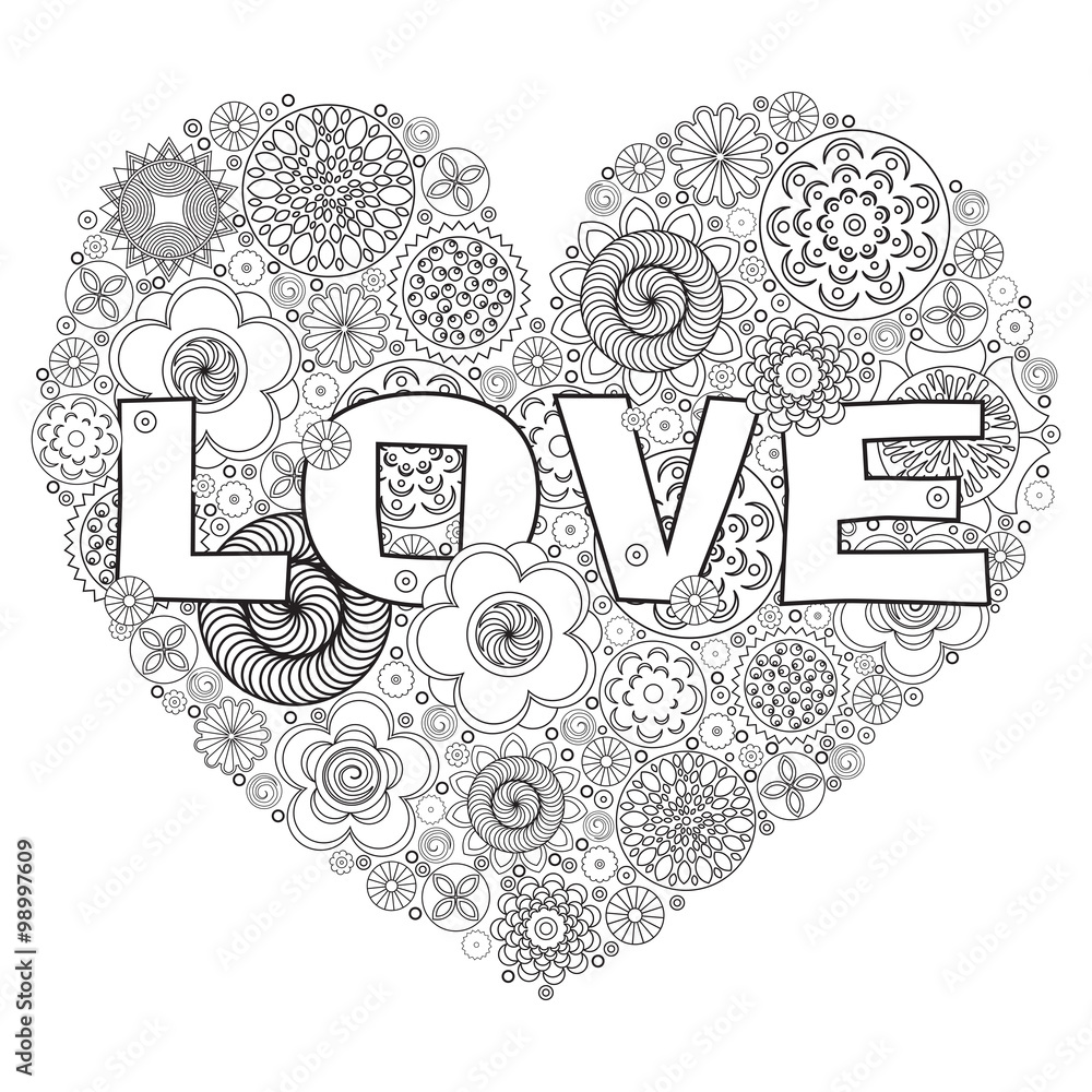 Heart shape pattern for coloring book. Floral imitation of retro doodle ...