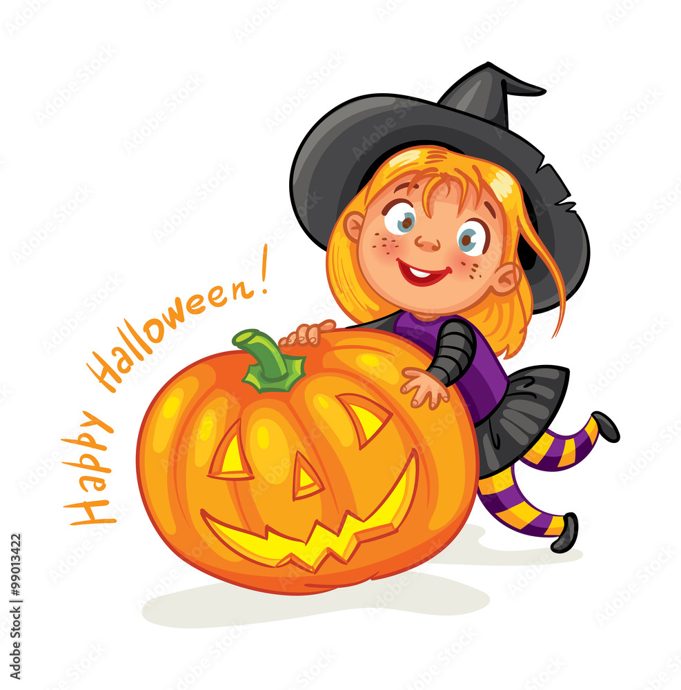 Happy Halloween. Funny little child in colorful costumes. Girl dressed ...