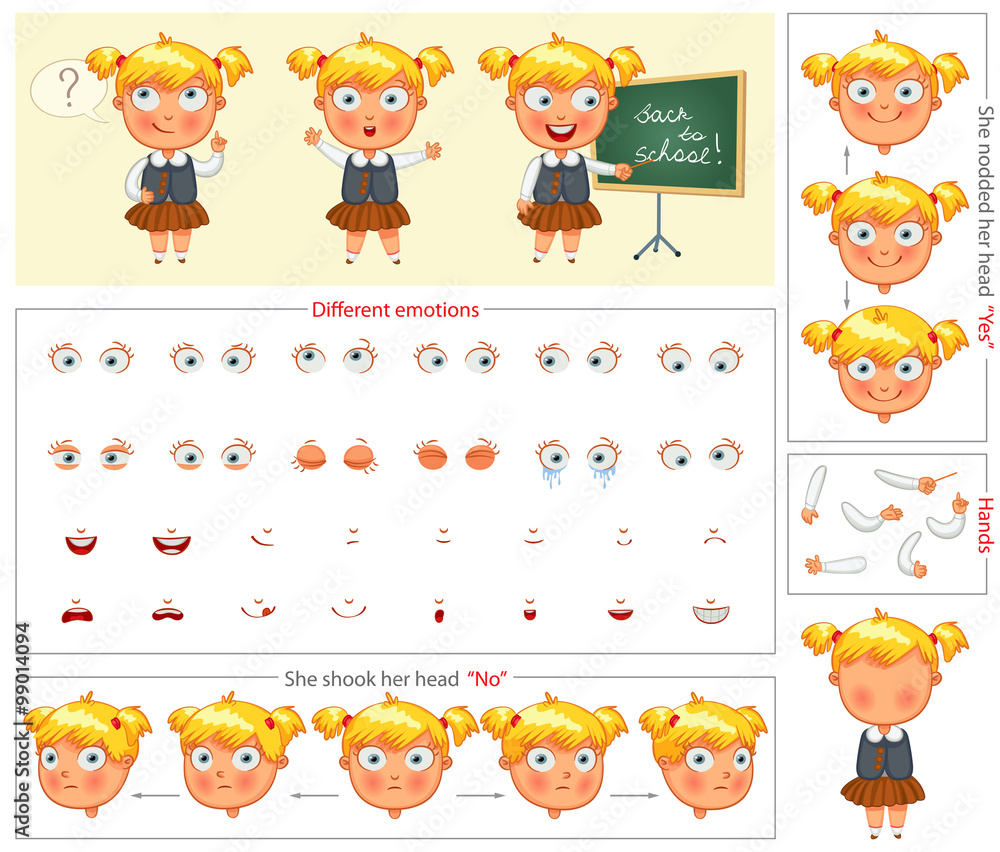 Schoolgirl. Parts of body template for design work and animation Stock ...