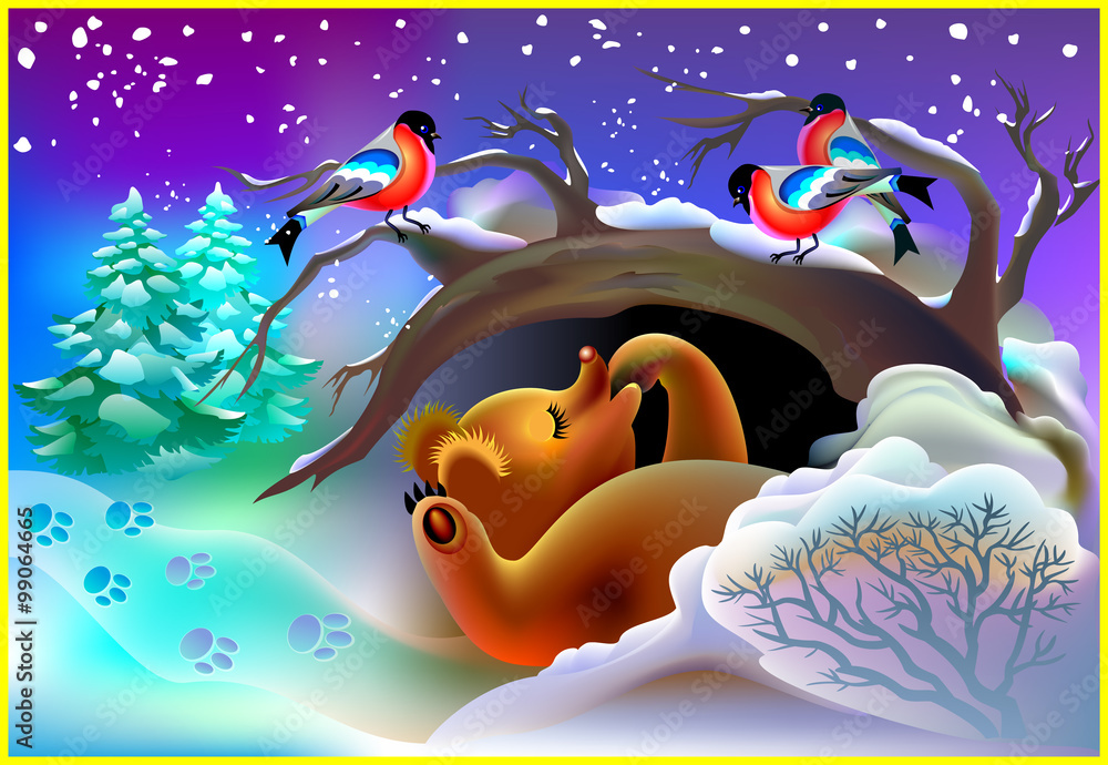 Sleeping bear in a cave during winter, vector cartoon image. Stock ...