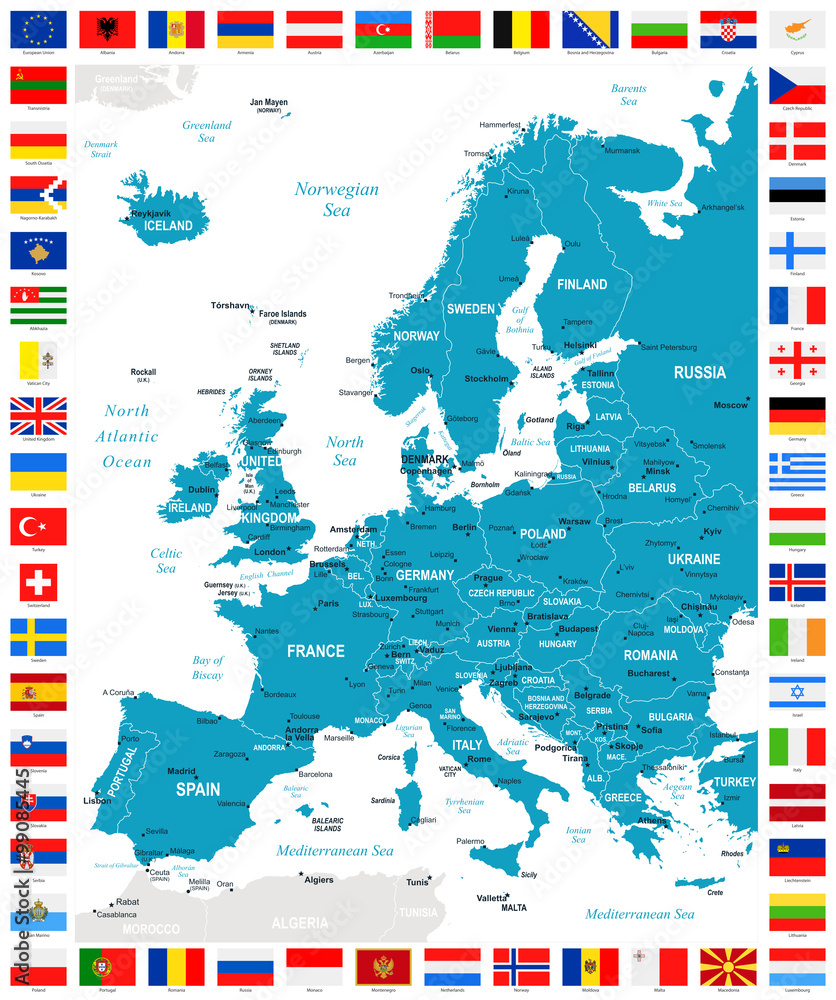 Map and Flags of Europe - Full Vector Collection. Vector Set of Flat ...