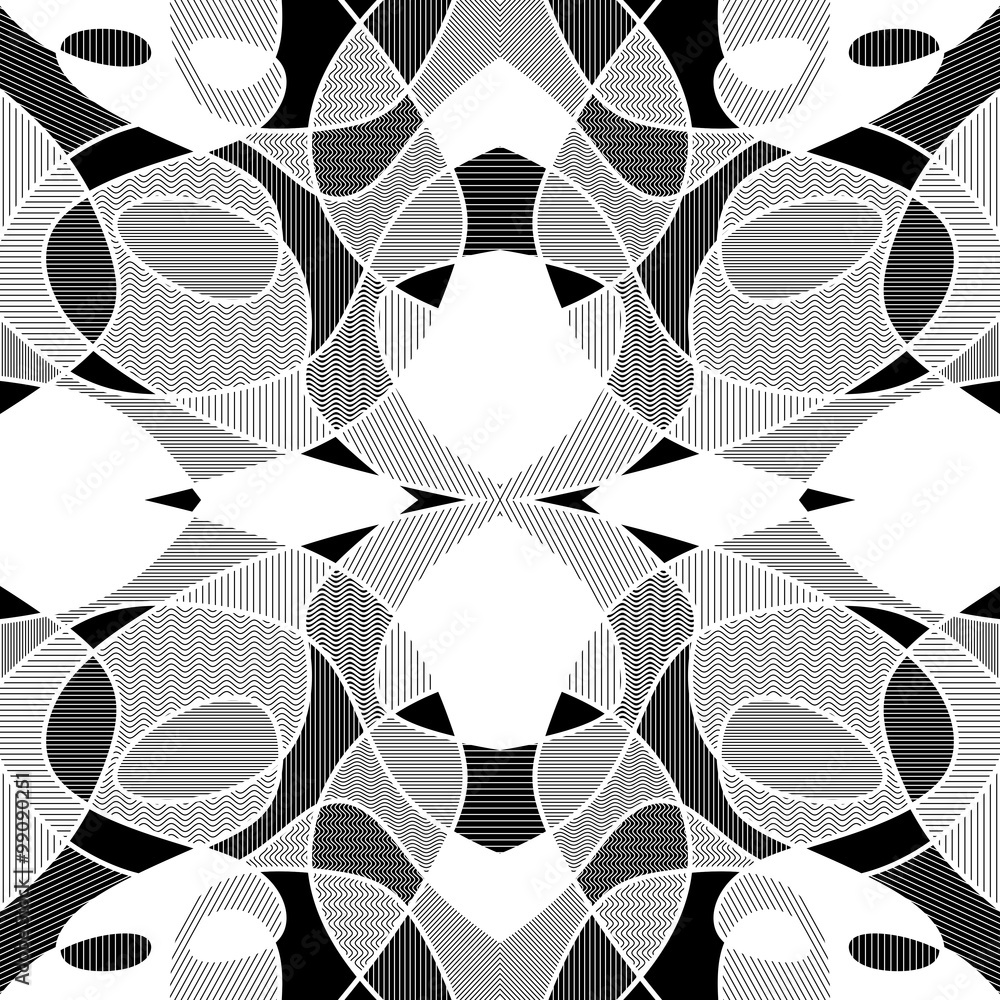White and black geometric mosaic background with hatched fragments ...