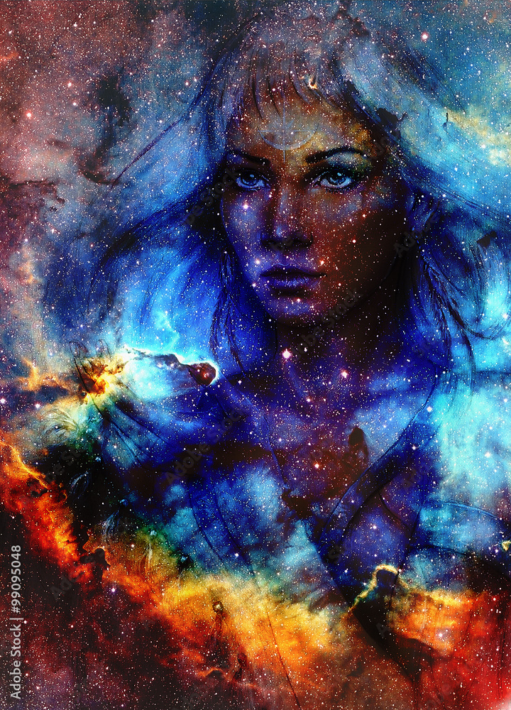 Beautiful Painting Goddess Woman and Color space background with stars ...