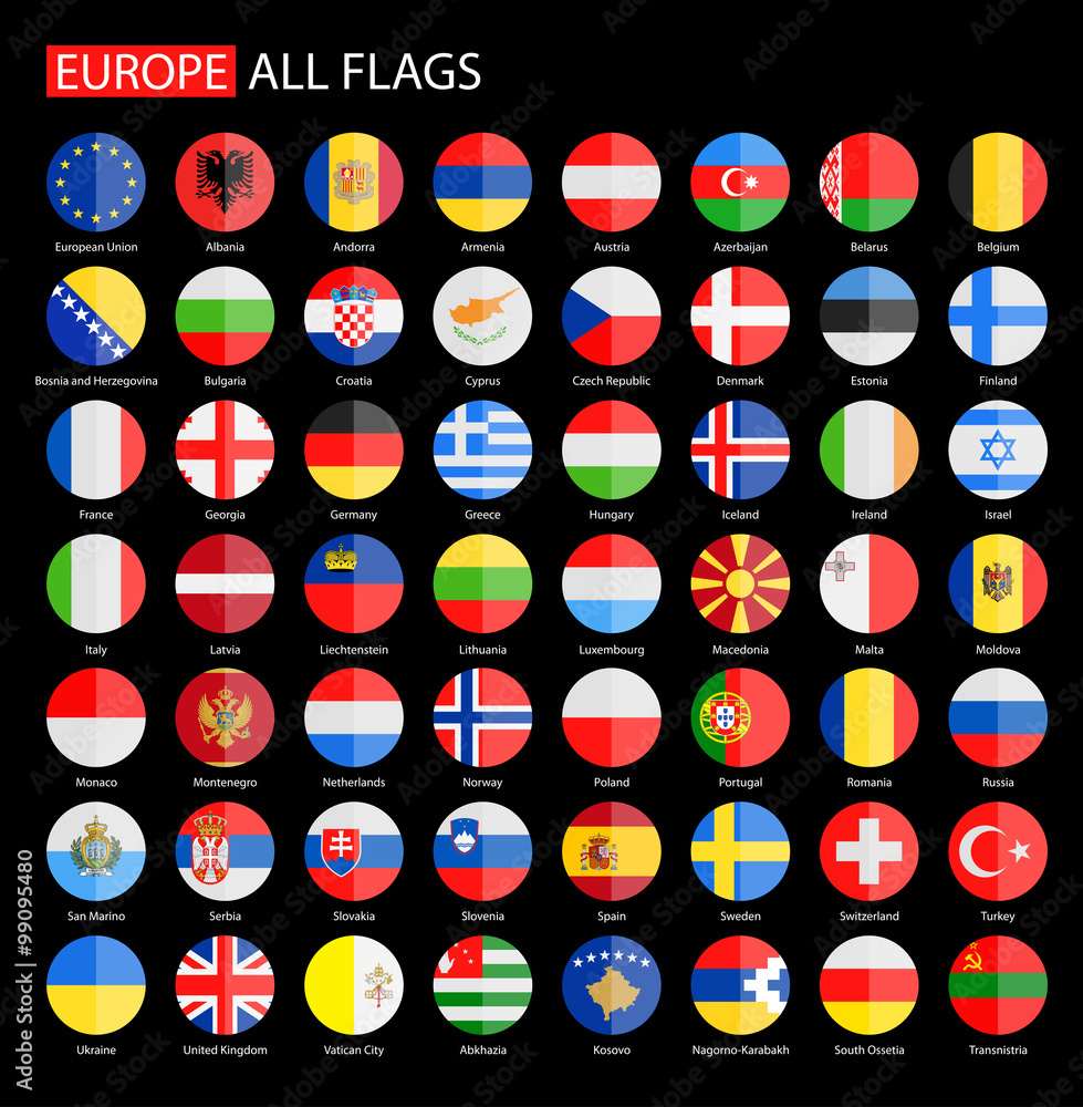 Flat Round Flags of Europe on Black Background - Full Vector Collection ...