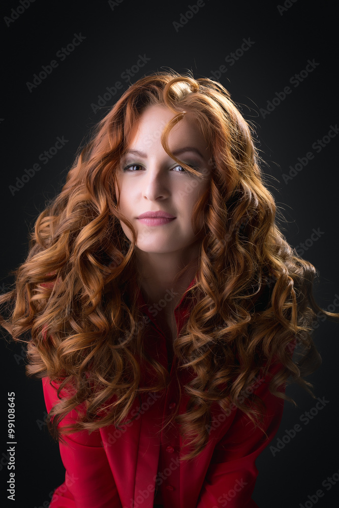 Sexy Redhead Babe Posing In Unbuttoned Red Blouse Foto De Stock Adobe
