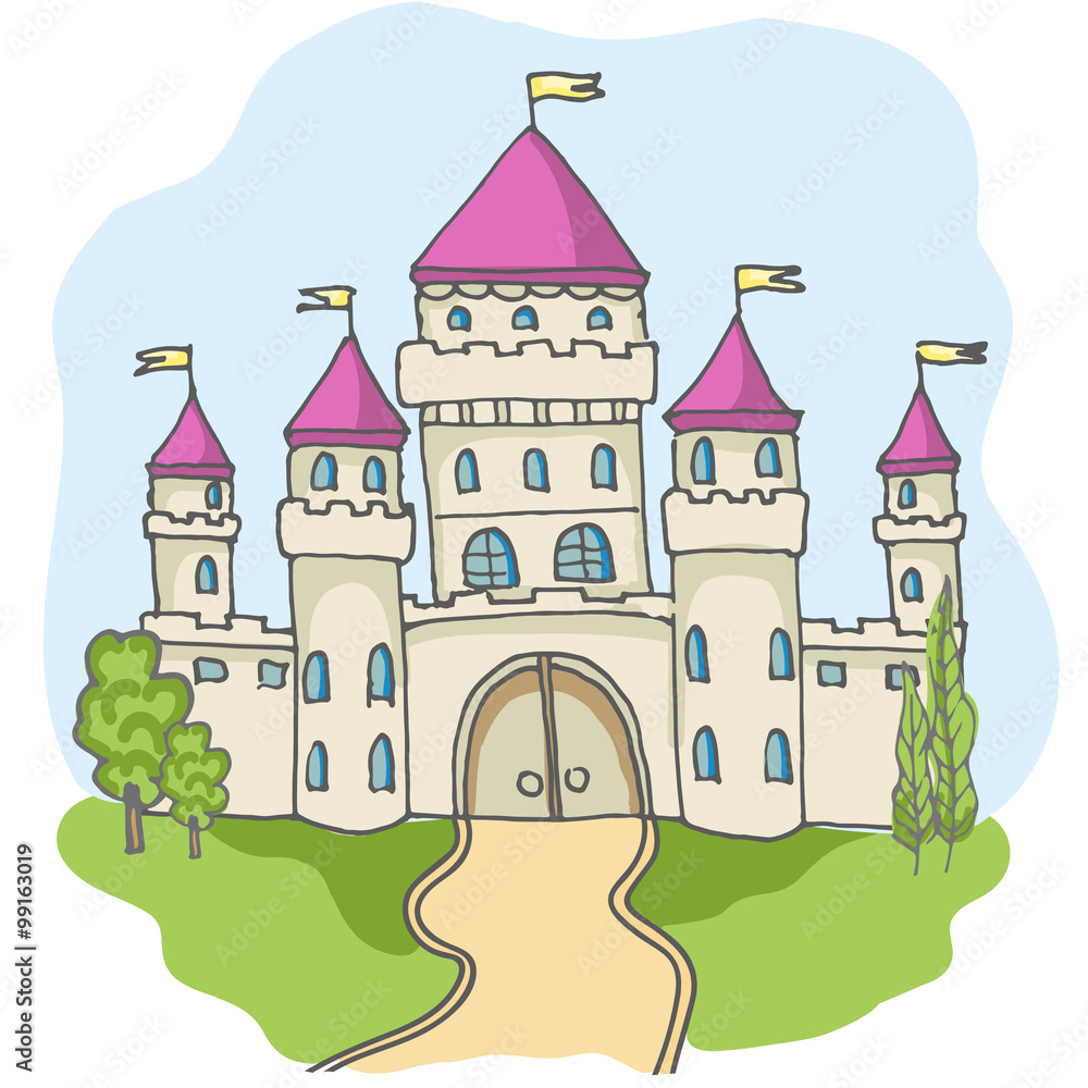 Hand drawn cartoon fairy tale castle icons, castle for princess doodle ...