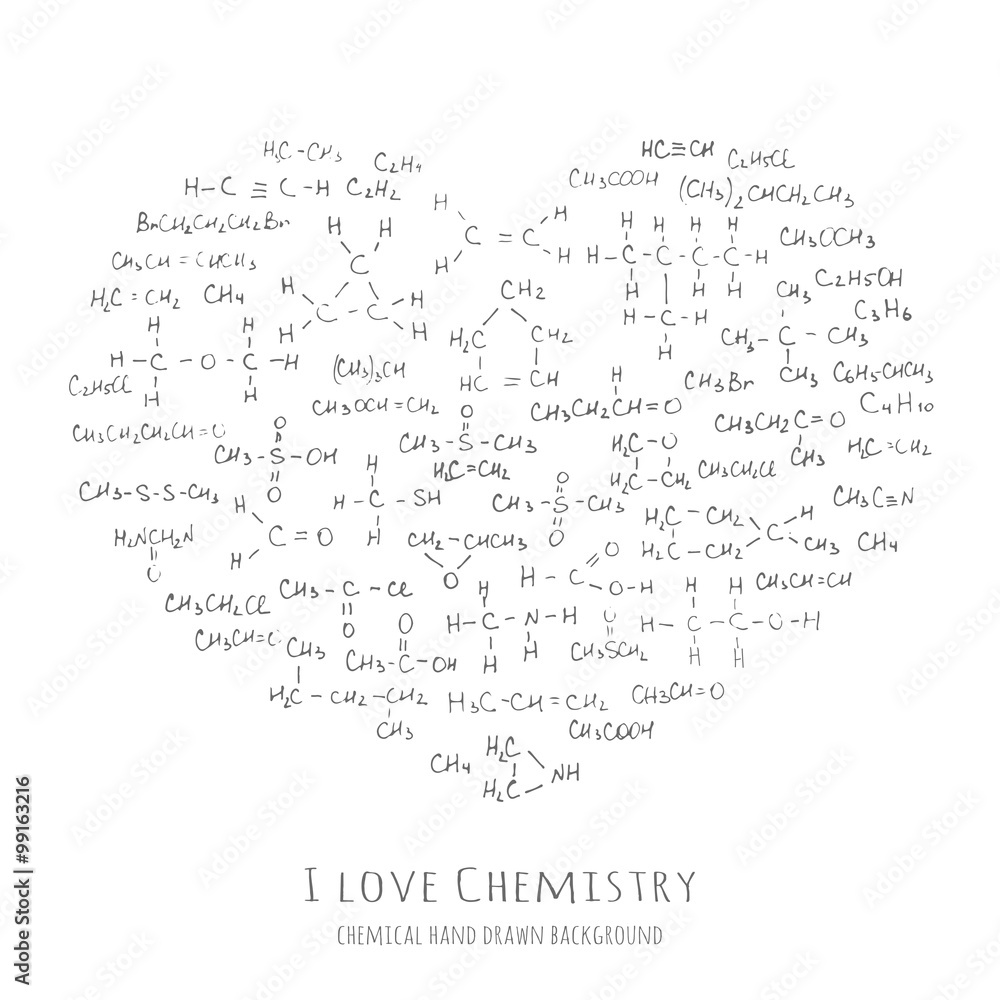 Heart shaped background with handwritten chemical formulas, organic ...