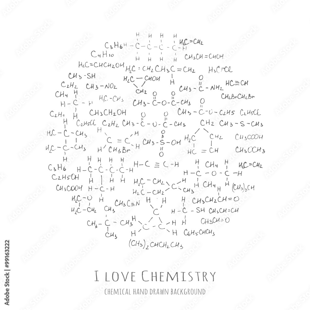 Heart shaped background with handwritten chemical formulas, organic ...