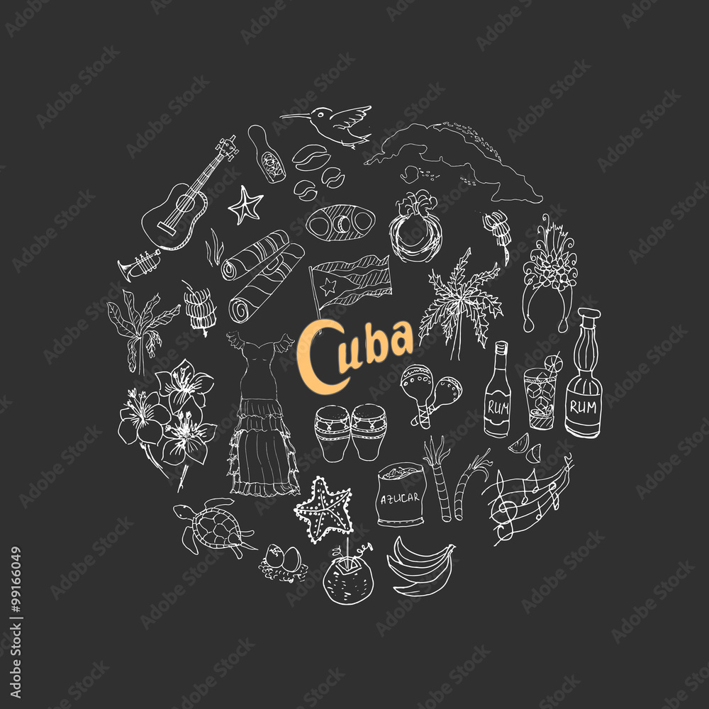 Set of hand drawn Cuba icons, Cuban sketch illustration, doodle ...