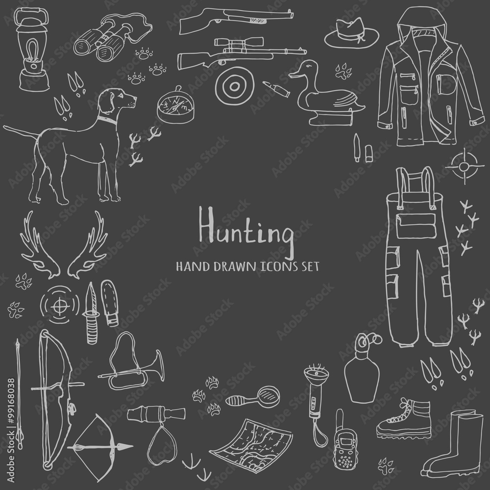 Hand drawn doodle hunting set wood texture, Vector illustration ...