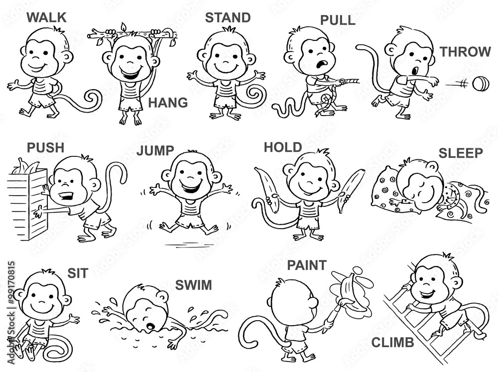 Verbs of action in pictures, cute monkey character, black and white ...