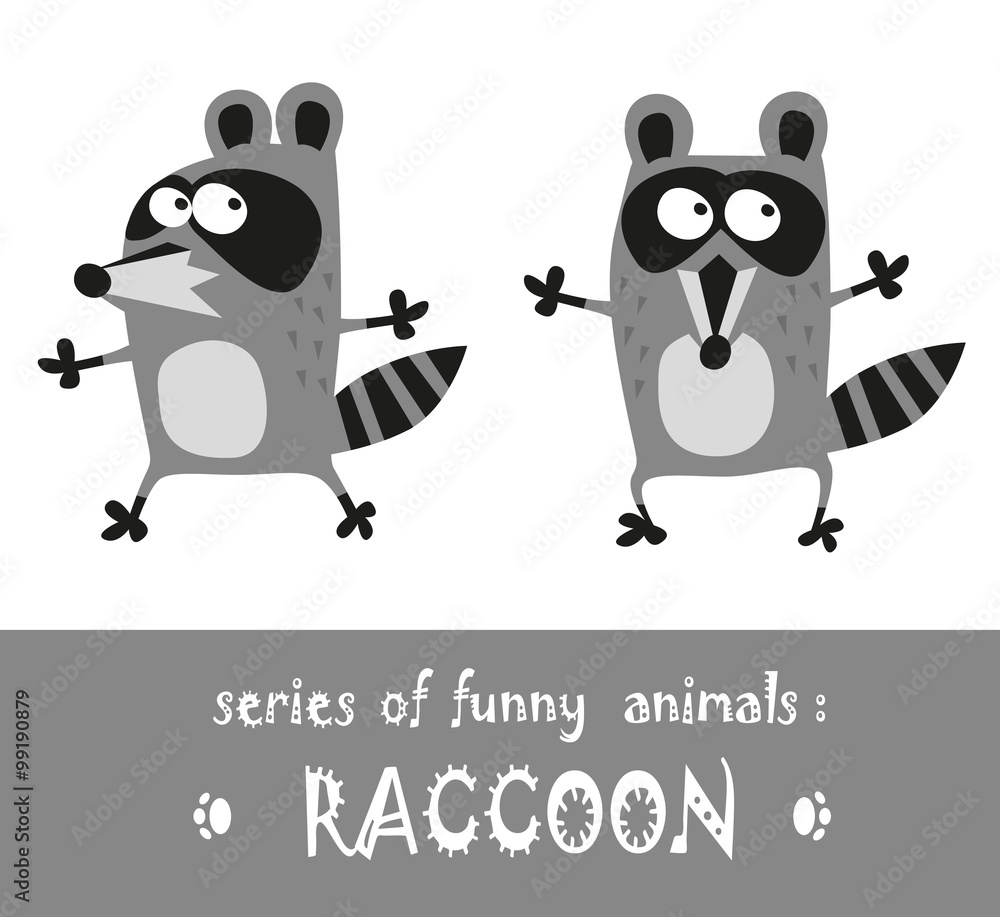 Funny raccoon hand drawn in cartoon style isolated on white background ...