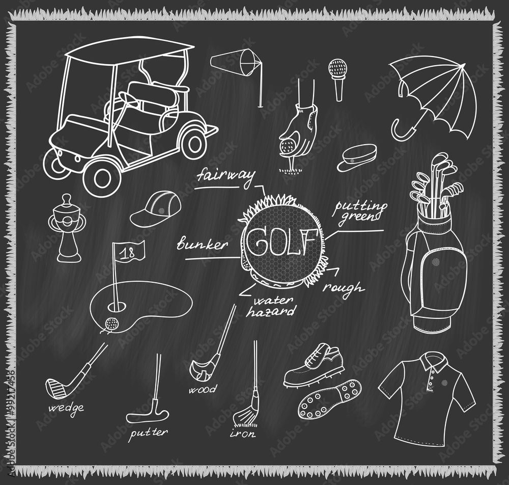Collection of stylized hand drawn Golf icons, Golfer Equipment set ...