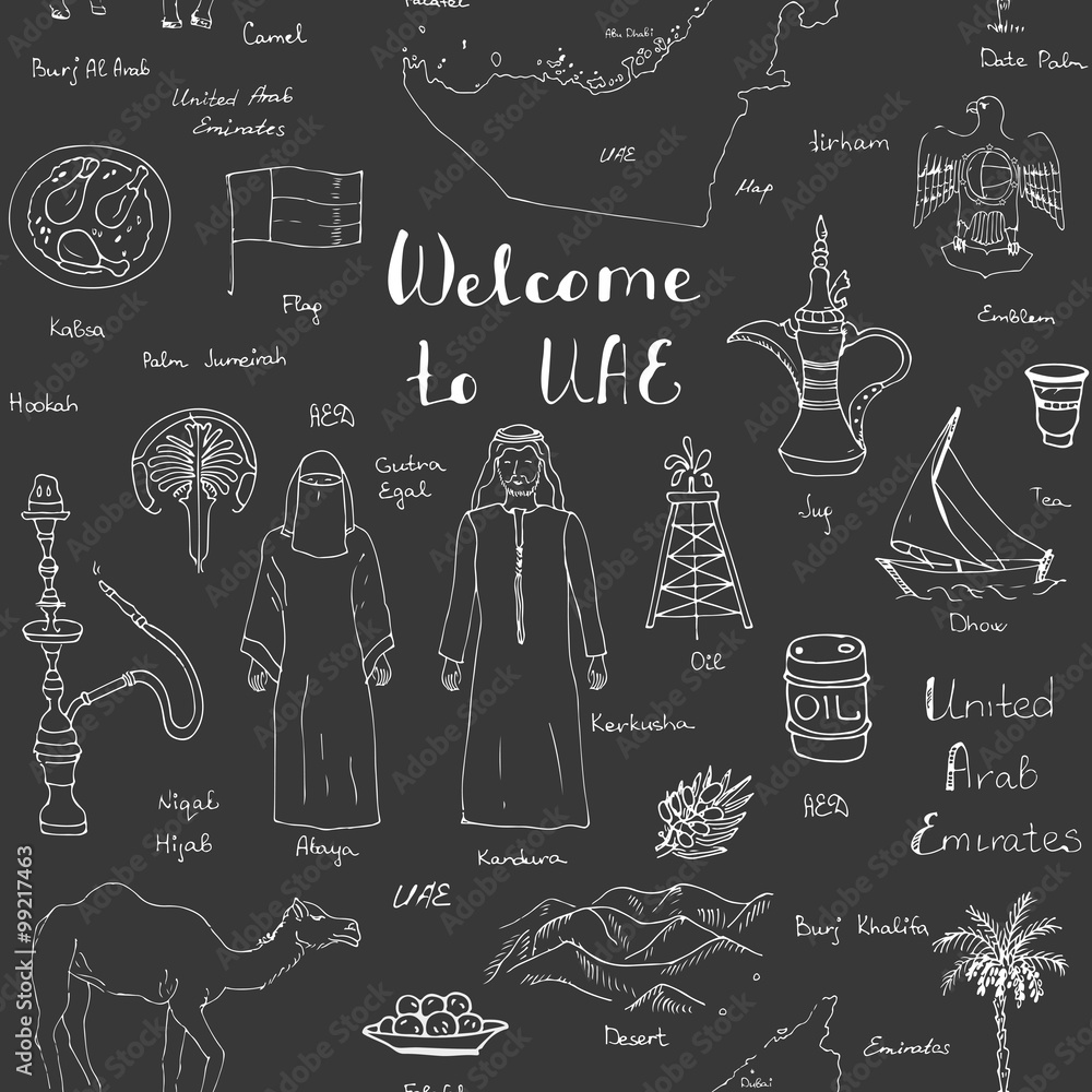 Seamless background hand drawn doodle UAE set Vector illustration ...