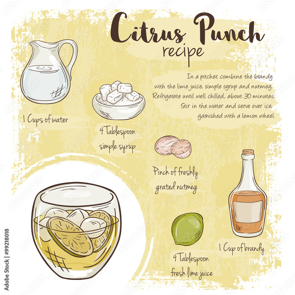 vector hand drawn illustration of citrus punch recipe with list of ...