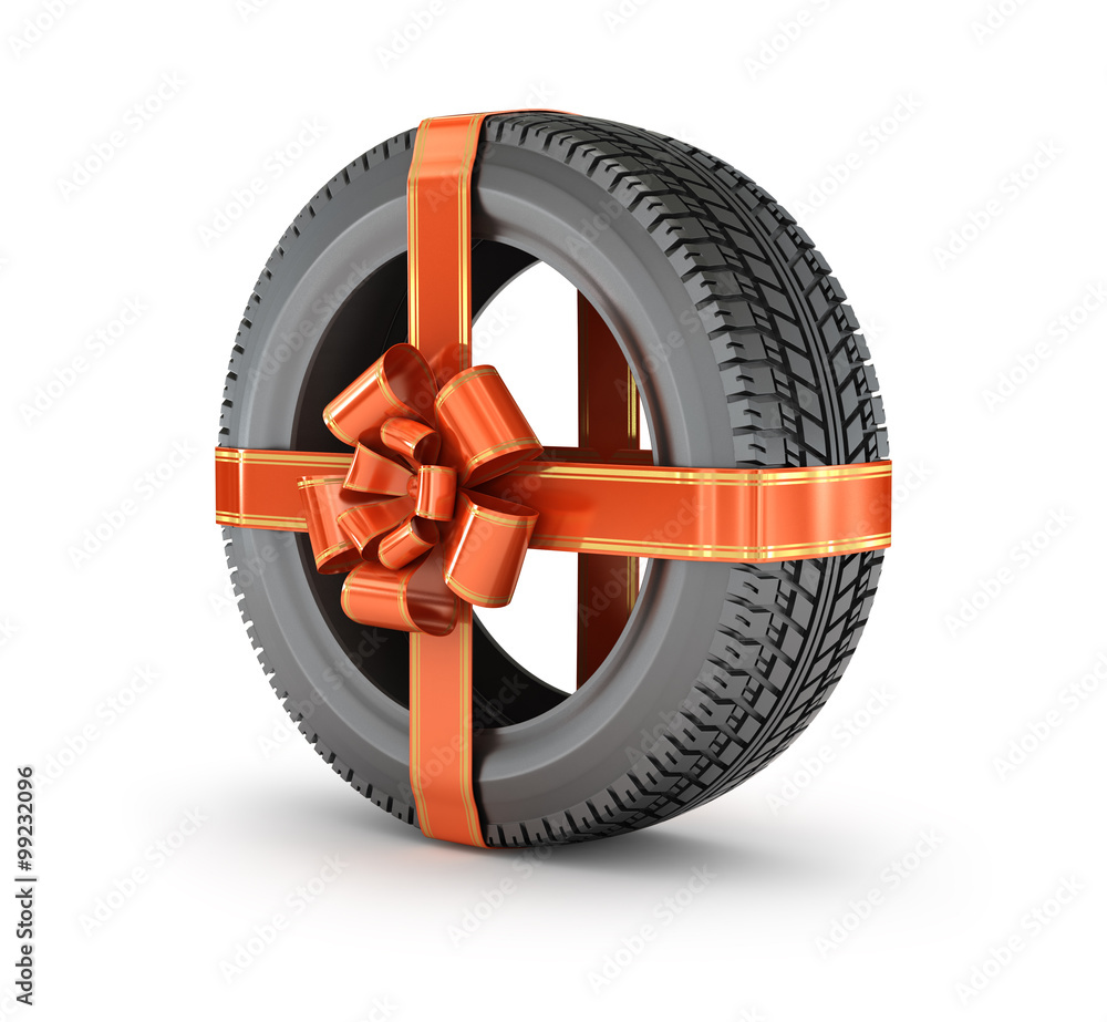 Gift tire is wrapped with a ribbon bow, isolated on a white back Stock ...