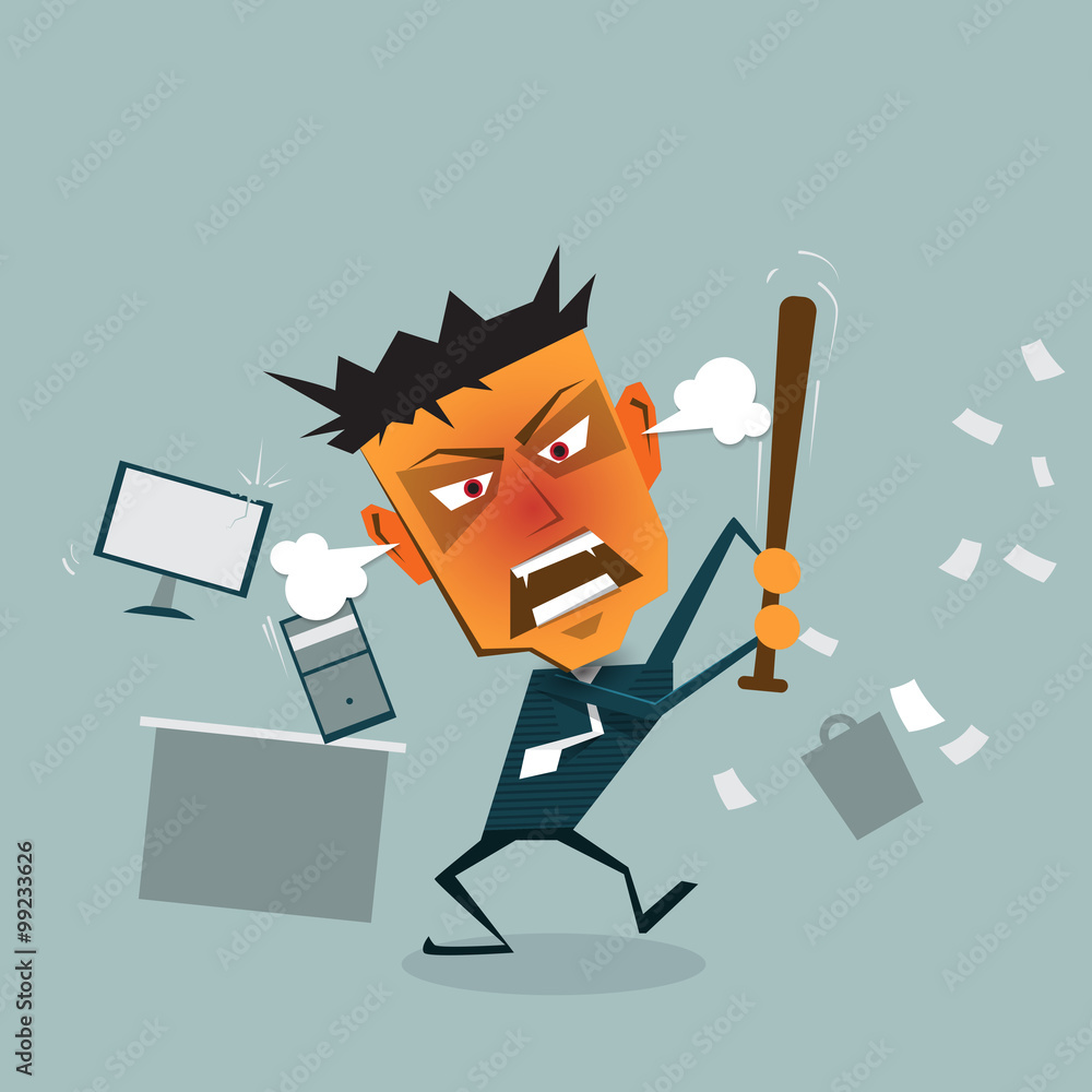 Vetor de Vector cartoon Business man goes mad at the office. Angry ...