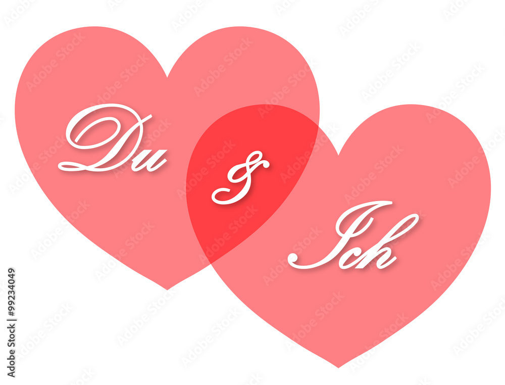Zwei überlappende rote Herzen: „Du & Ich“ – Vektor / freigestellt Stock ...