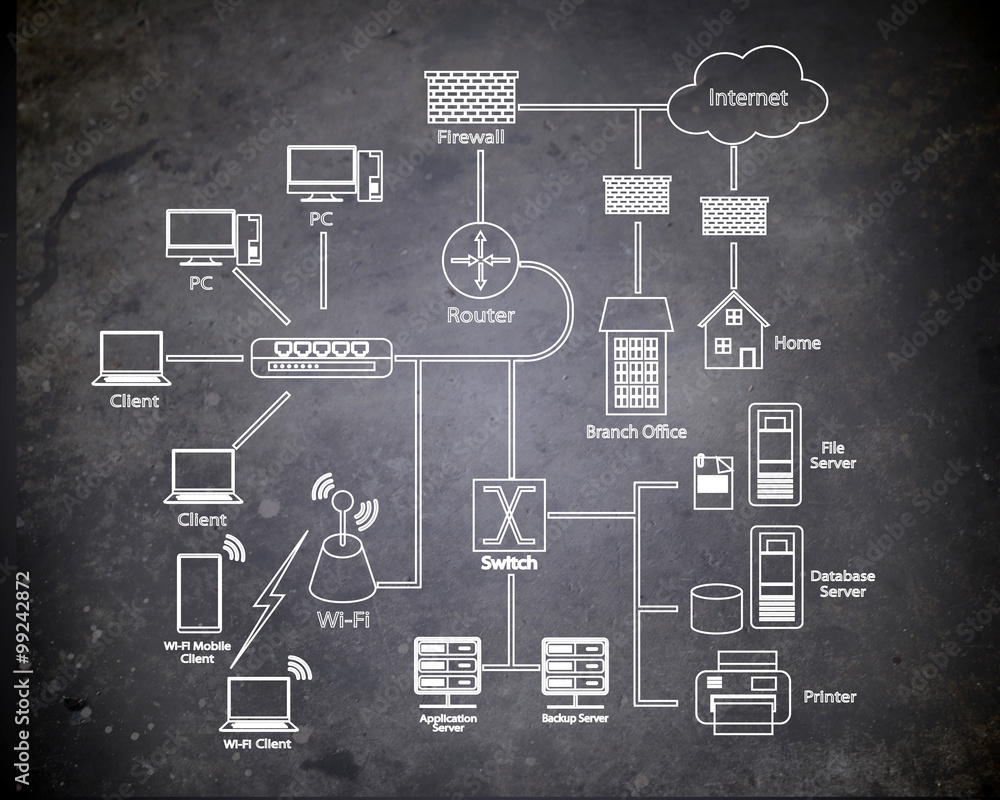 Vector illustration of a Network diagram, a white lined drawing of ...
