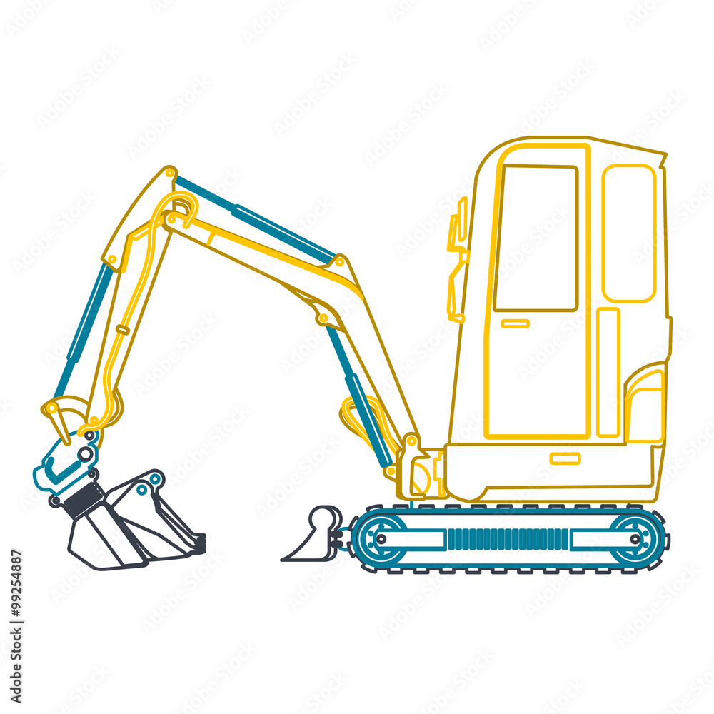 Yellow blue small outline digger builds roads, loads building material ...