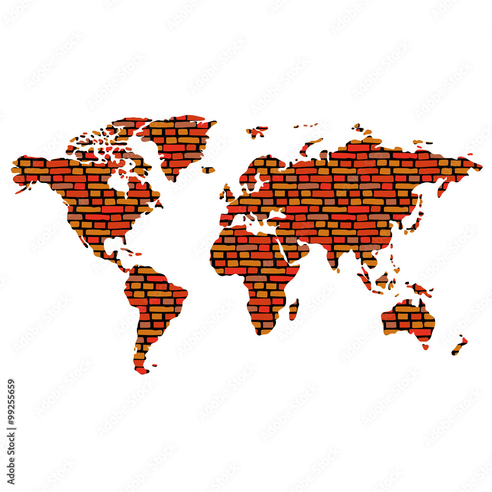 World map. Bricks. Brick texture (background). Isolated object on a ...