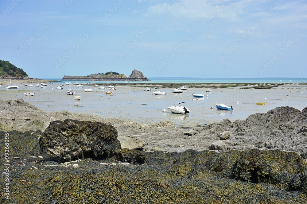 The beach town of Cancale, located on the coast of the Atlantic Ocean ...