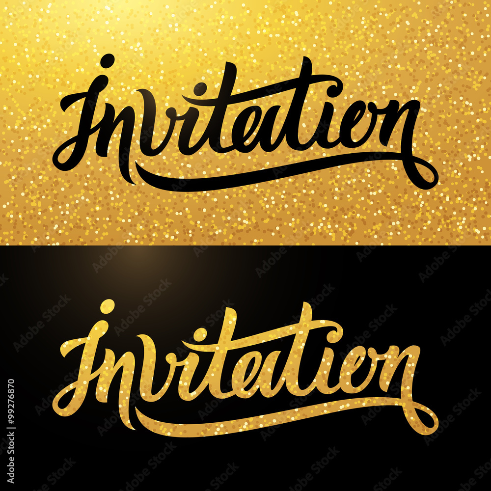 Calligraphy postcard with handwritten word "Invitation" on sparkling ...