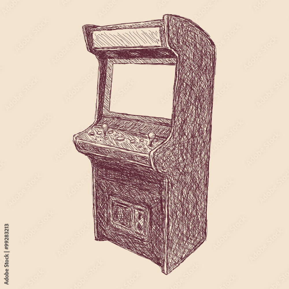 vector illustration - sketch style drawing of arcade cabinet, isolated ...
