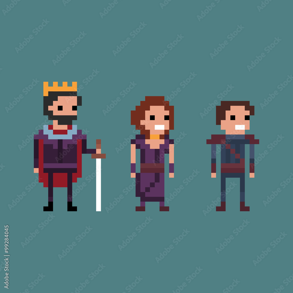 Pixel art vector illustration retro 8 bit fantasy kingdom, king, queen ...