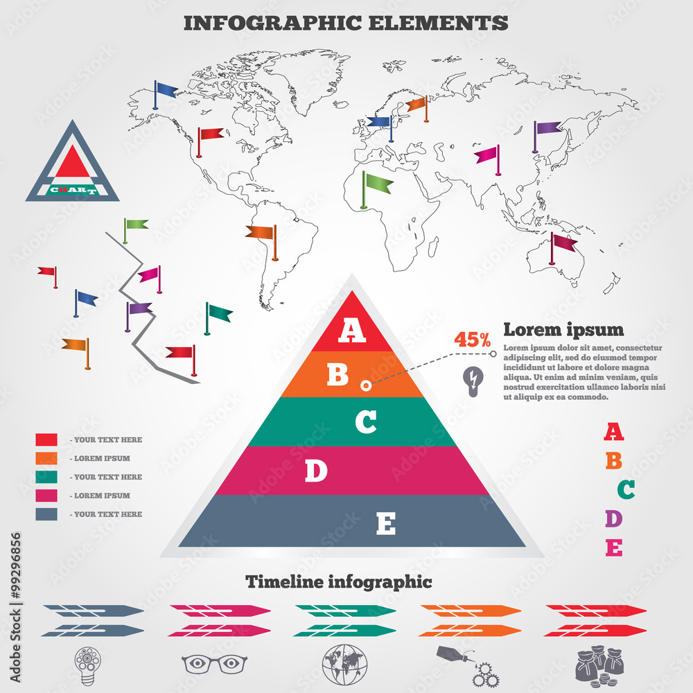 Infographics elements. Pyramid chart, map and timeline diagram with ...