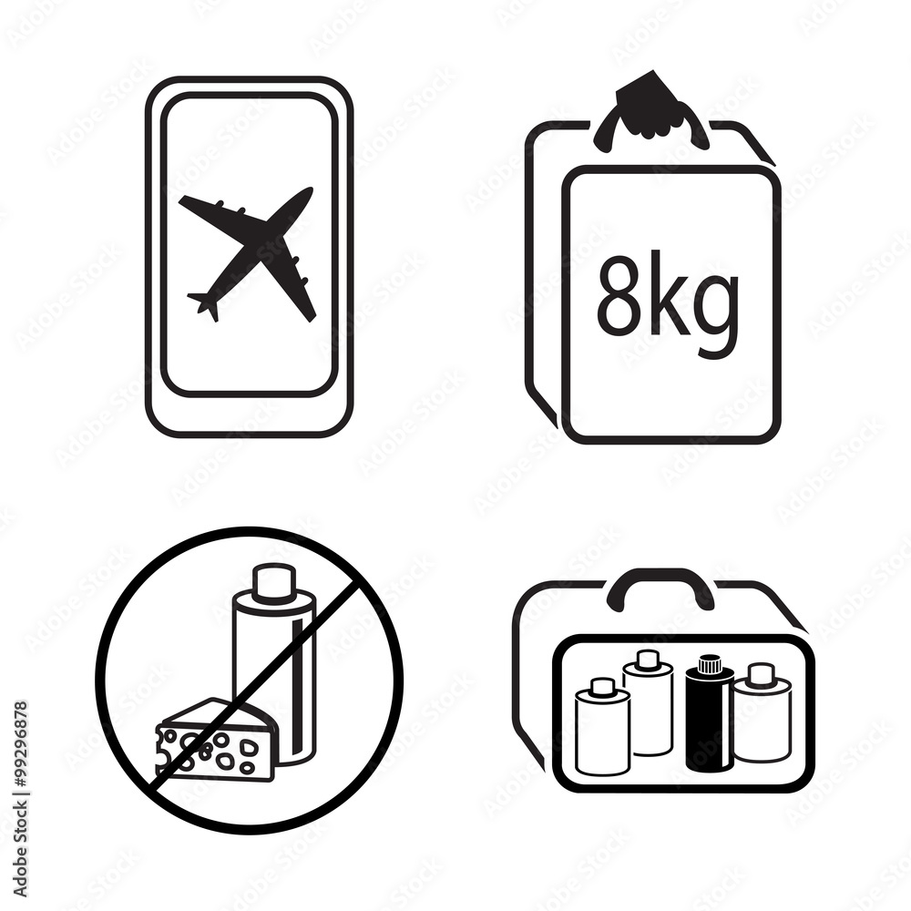 Baggage icon set. Hand luggage for traveling. Linear icons Black ...