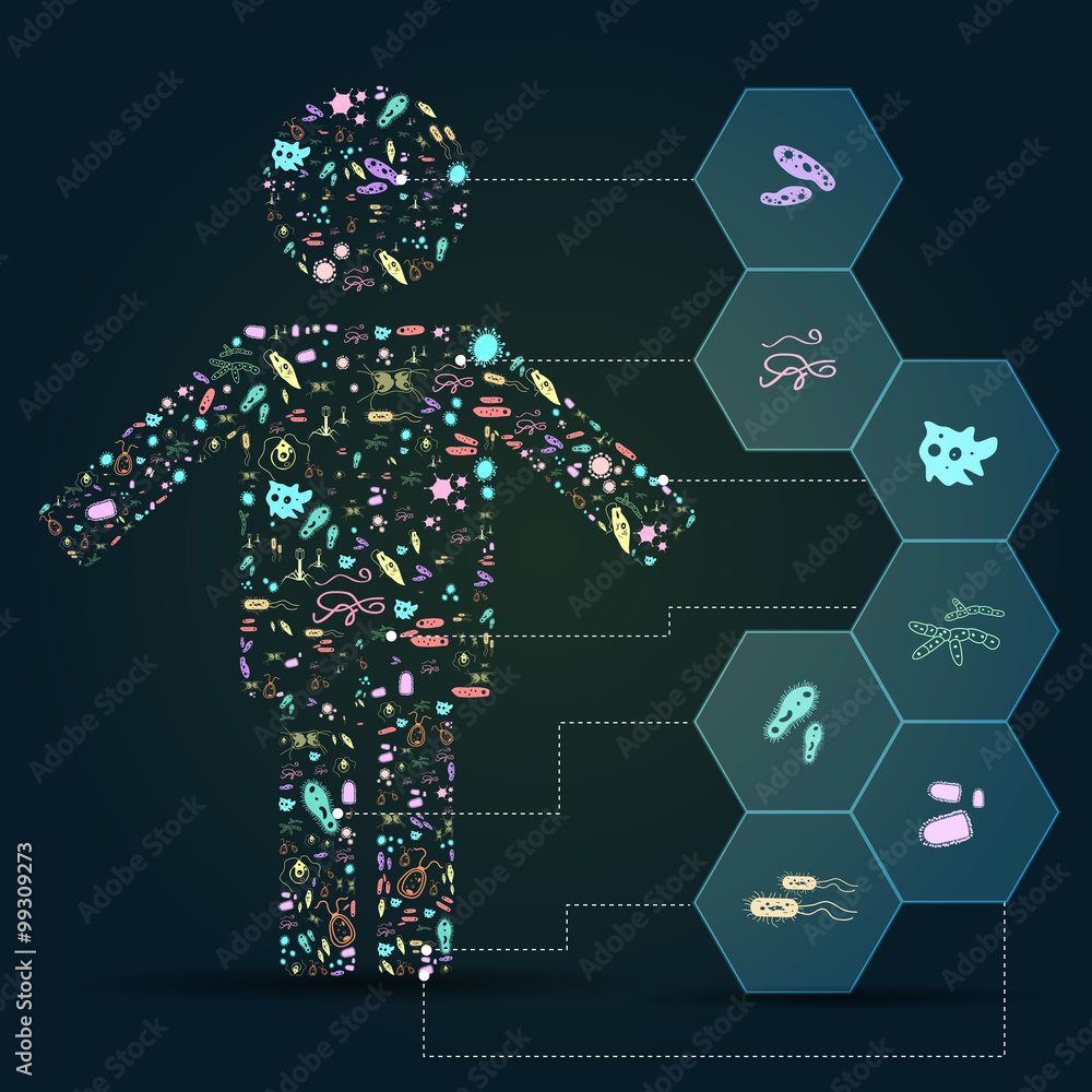 Germ icon in human infographic background for health or biology ...