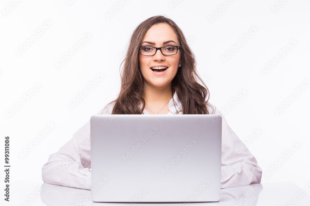 Laptop woman. Business Woman with glasses using laptop computer pc ...