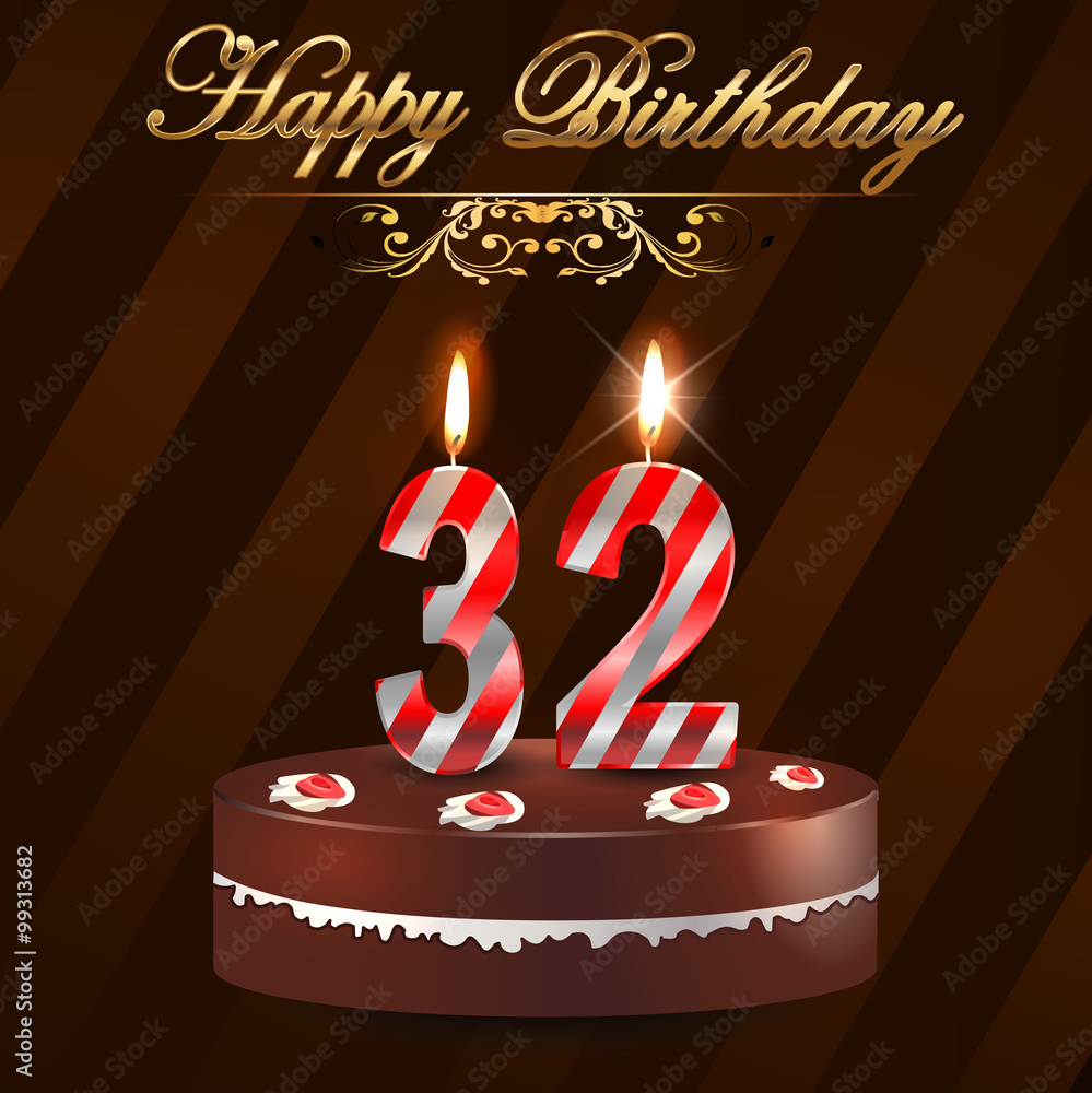 32 Year Happy Birthday Card With Cake And Candles 32nd Birthday 32-year-happy-birthday-card-with-cake-and-candles-32nd-birthday