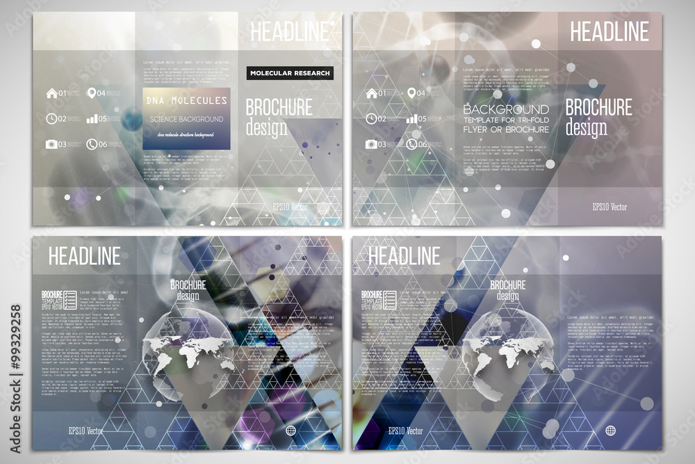 Vector set of tri-fold brochure design template on both sides with ...