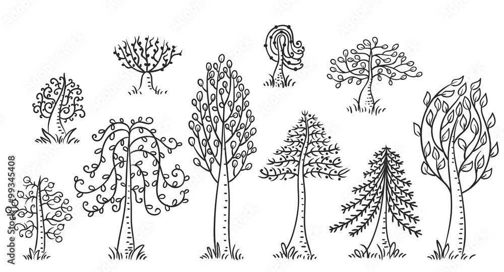 Hand drawn trees set, black and white outline Stock Vector | Adobe Stock