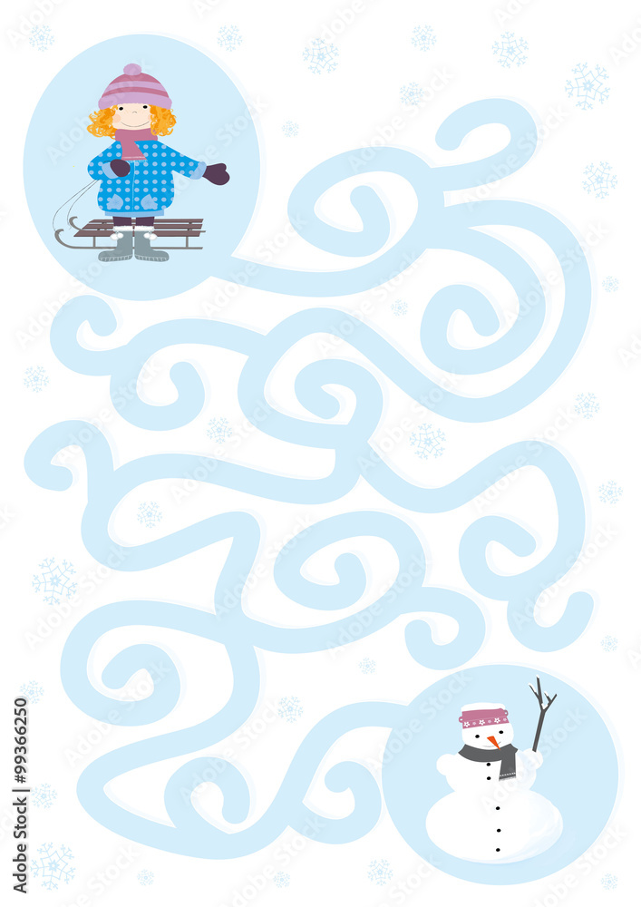 Easy winter maze game with a child and a snowman on white background ...