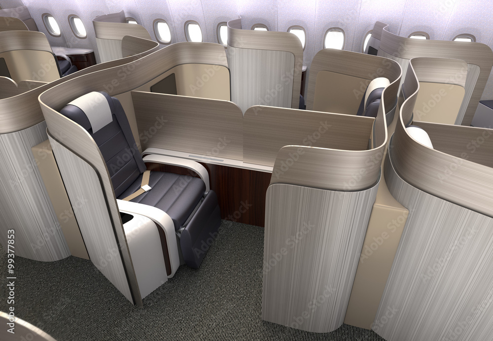 Luxurious business class cabin interior with metallic gold partition ...