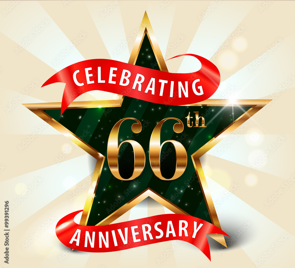 66 year anniversary celebration golden star ribbon, celebrating 66th ...