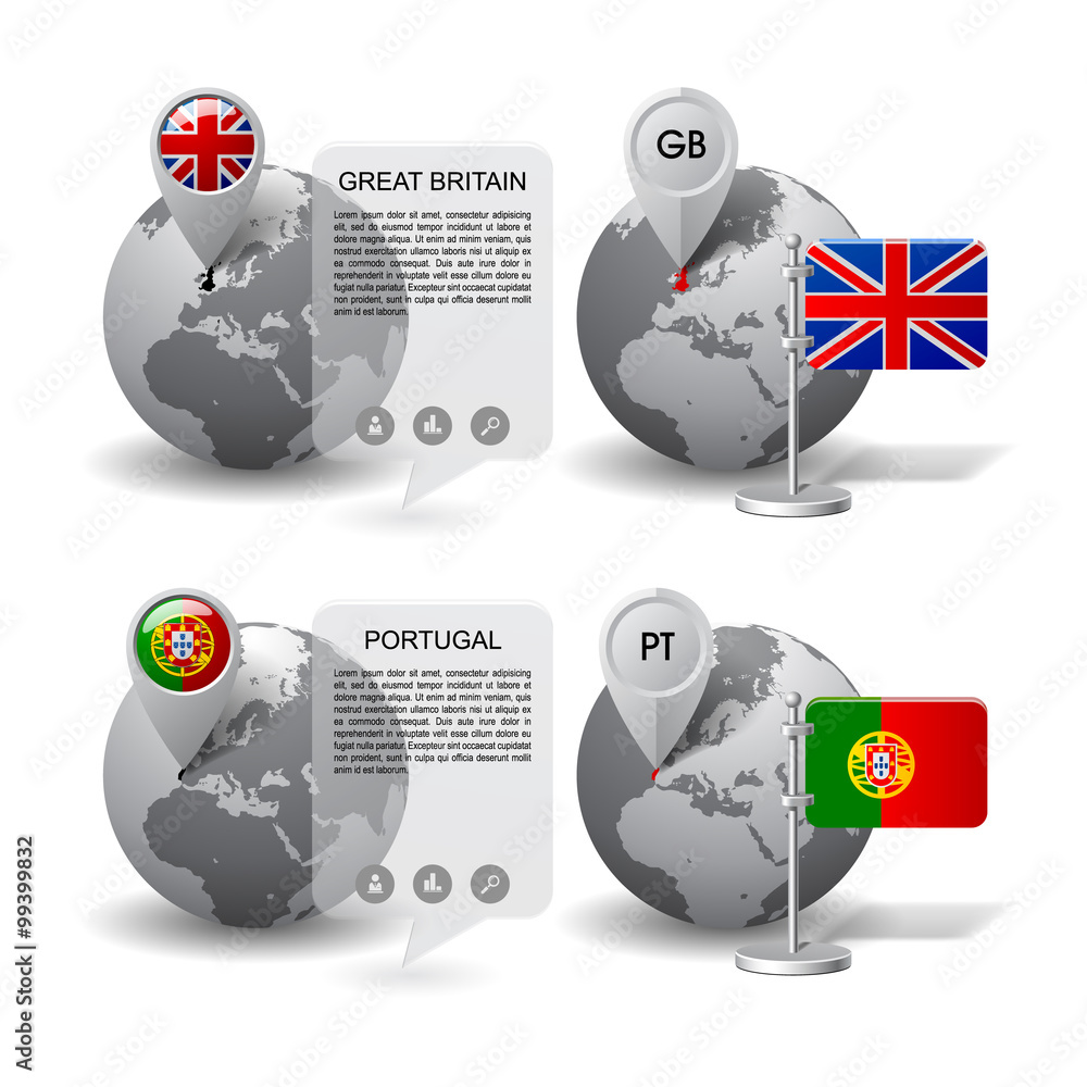 Globes with Map marker and state flags of Great Britain and Port Stock ...