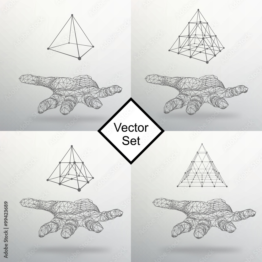 Set triangle pyramid on the arm. The hand holding a pyramid. Polygon ...
