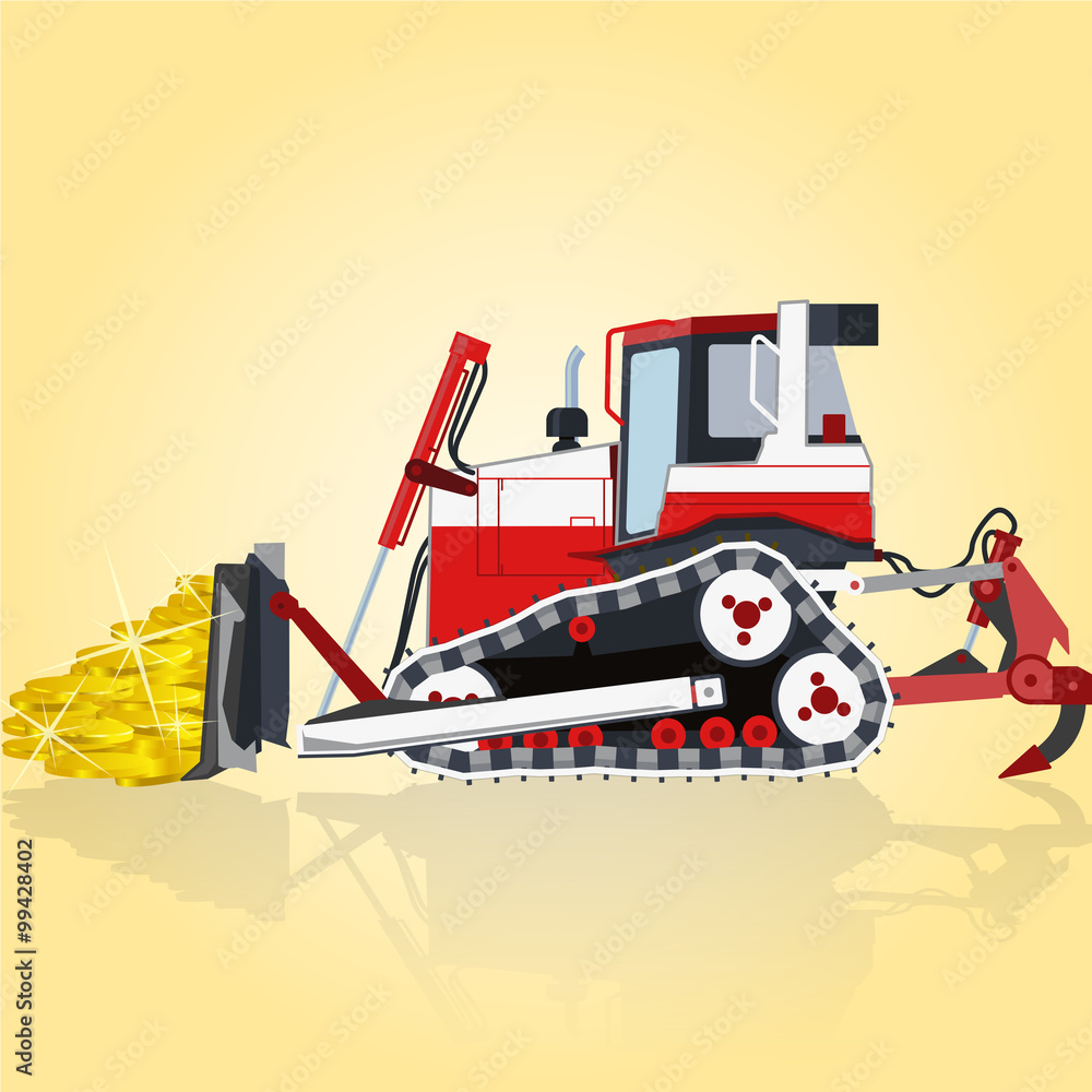 Red big digger builds roads. Digging of golden coins. Professional ...